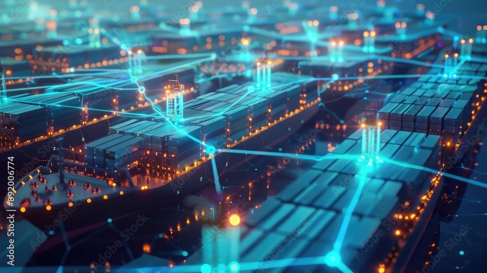 Network of shipping container ships interconnected with glowing ...