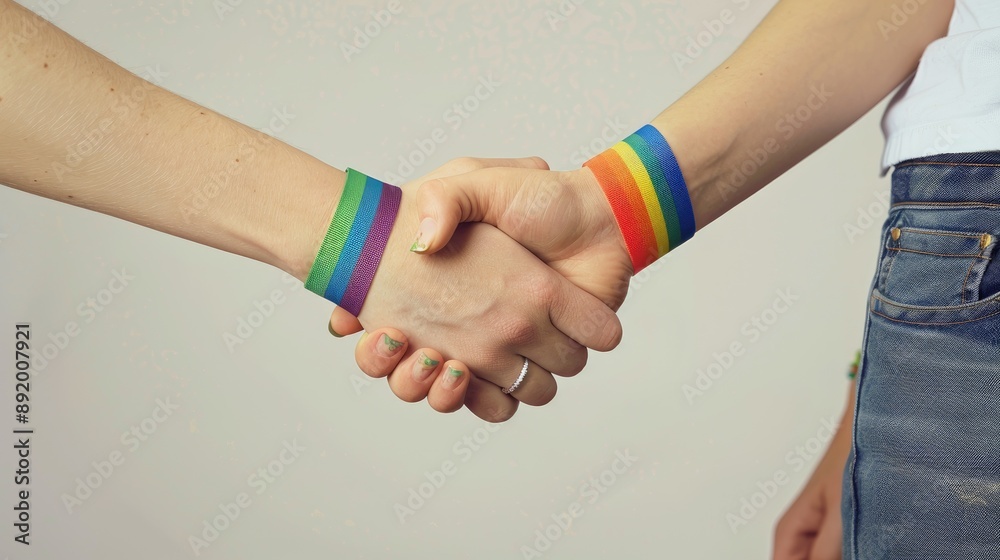 LGBT couple holding hands, each wearing rainbow wristbands, symbolizing ... LGBT couple holding hands, each wearing rainbow wristbands, symbolizing ...