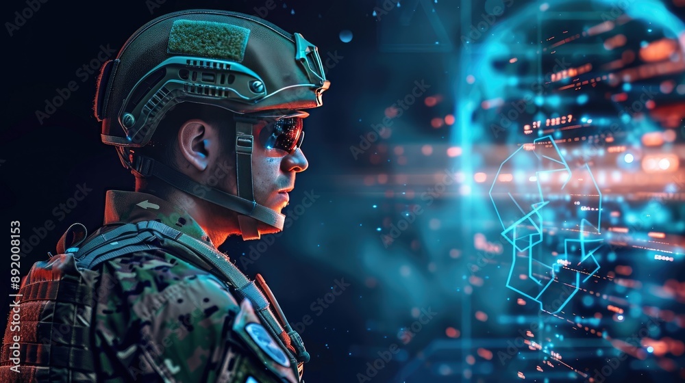 Military soldier's side profile, leveraging AI to analyze cyber threats ...