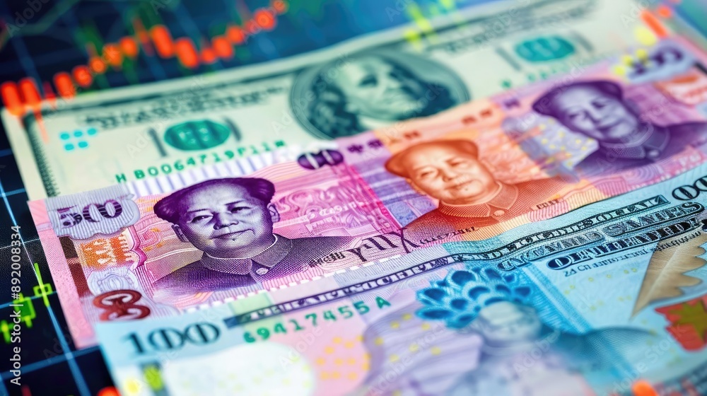 Foto de Stock chart overlaying banknotes, various currency symbols ...