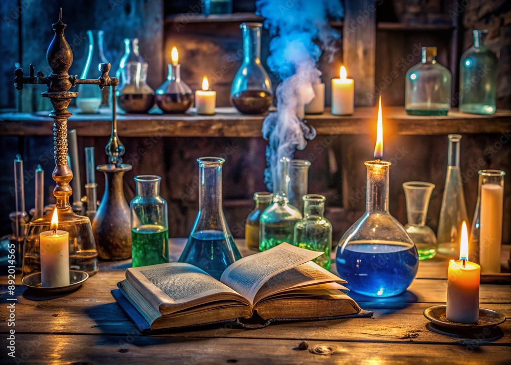 Ancient tome lies open on a dusty wooden workbench amidst scattered ...