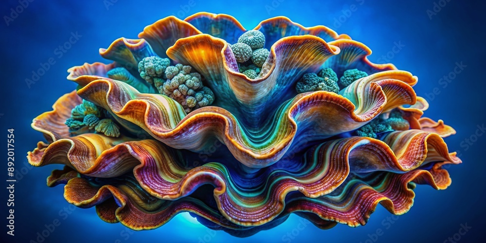 Vibrant giant clam shell texture resembles a mushroom's cap on a blue ...