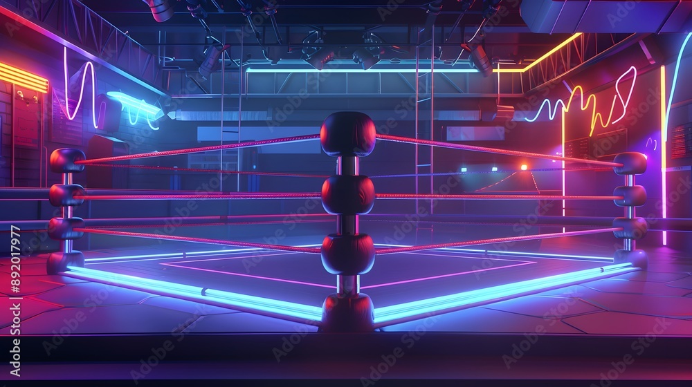 Cartoon mma ring illuminated with neon lights. Vector illustration of ...