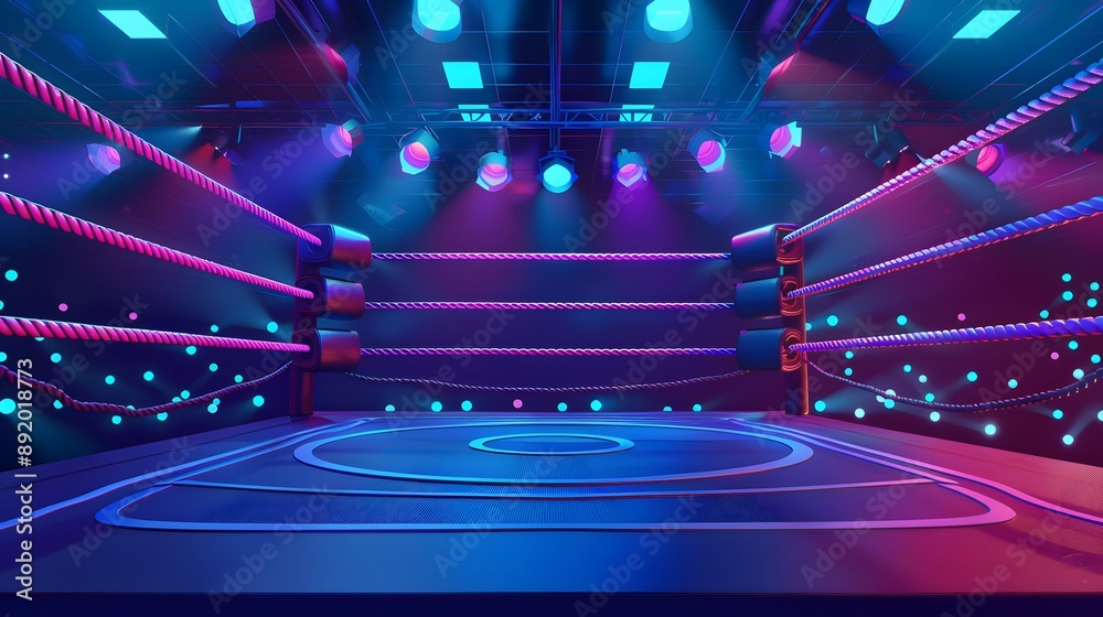 Cartoon mma ring illuminated with neon lights. Vector illustration of ...