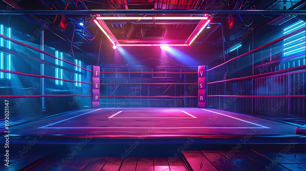 Cartoon mma ring illuminated with neon lights. Vector illustration of ...