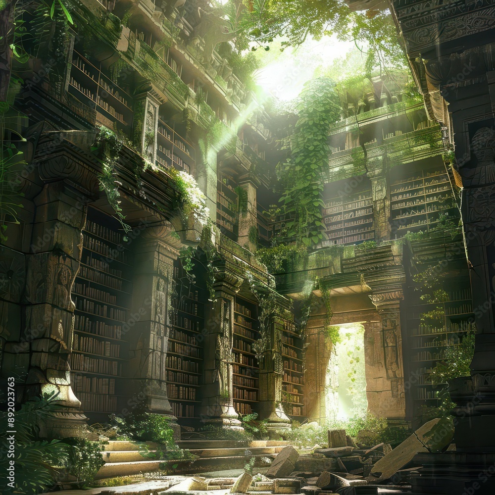 ancient library hidden within a lush jungle temple massive stone bookshelves blend with ...