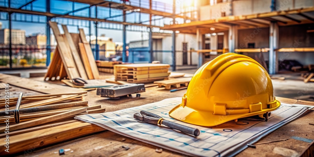 Blueprints and a yellow hard hat lie on a plywood table amidst a ...