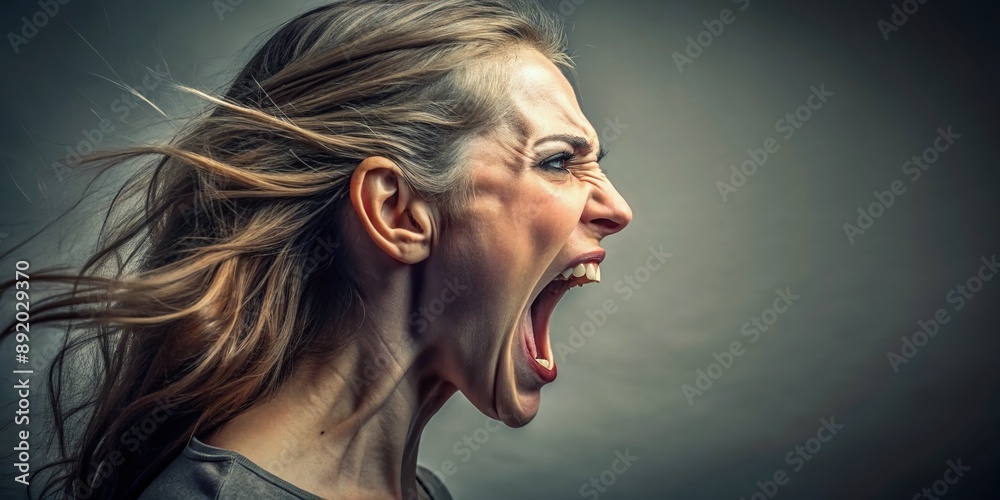 Distorted facial expression of a woman screaming in profile, conveying ...