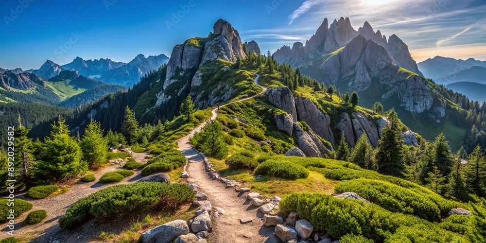 Winding mountain trail leads to scenic summit, surrounded by lush green ...