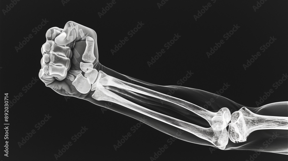 X-ray image of arm with fist clenched on black background Stock ...