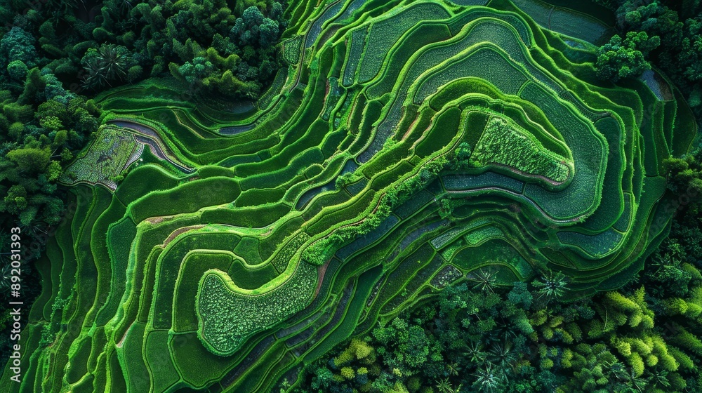 aerial overhead drone shot from above of layered rice terraces on a ...