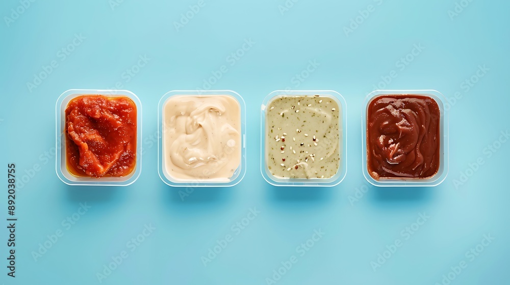 Four fast food dip sauces in plastic containers arranged as line on ...