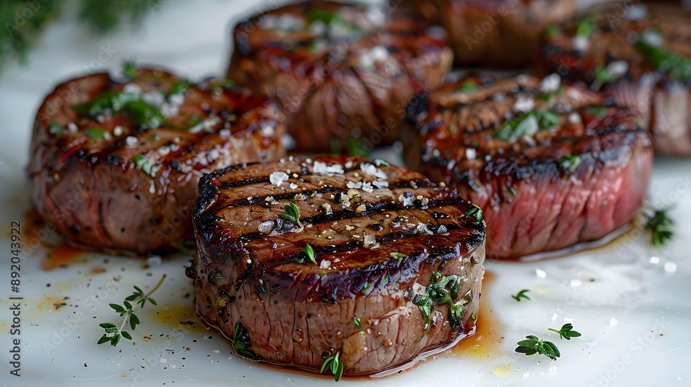 Grilled beef filet mignon steaks, medium rare, juicy center, seared ...