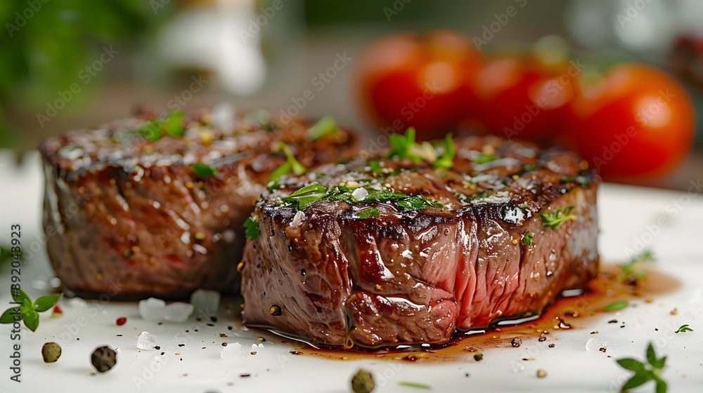 Grilled beef filet mignon steaks, medium rare, juicy center, seared ...