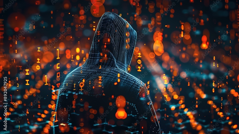 Mysterious hacker surrounded by glowing data network, illustrating ... Mysterious hacker surrounded by glowing data network, illustrating ...