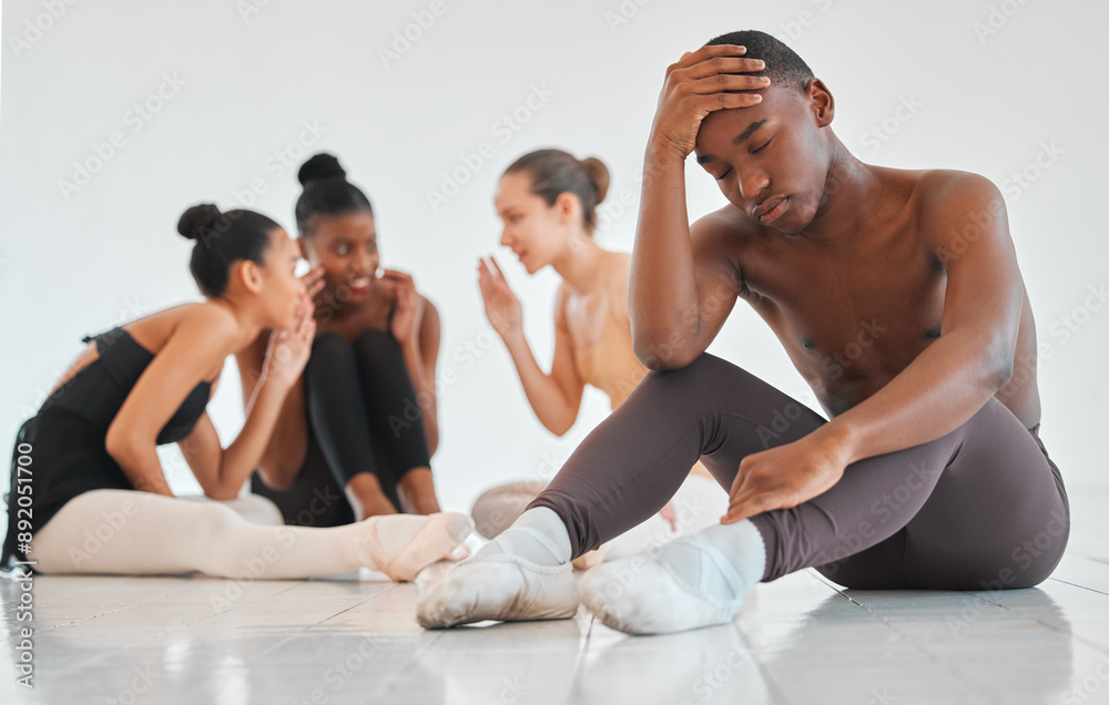 Sad, black boy and ballet with depression in studio for mental health ...
