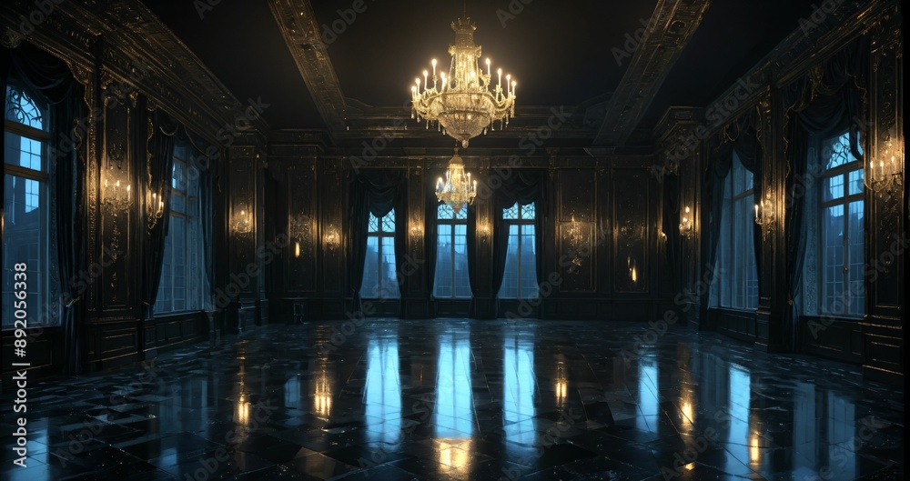 dark ballroom room interior of palace mansion gothic castle at night ...