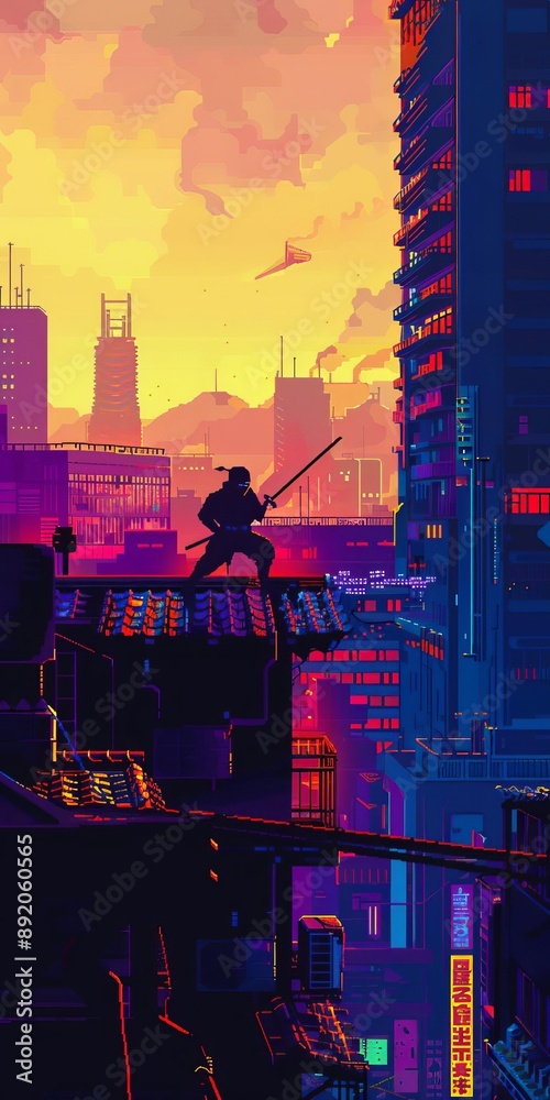 8bit ninja, rooftop chase, pixel art style, vibrant colors ...