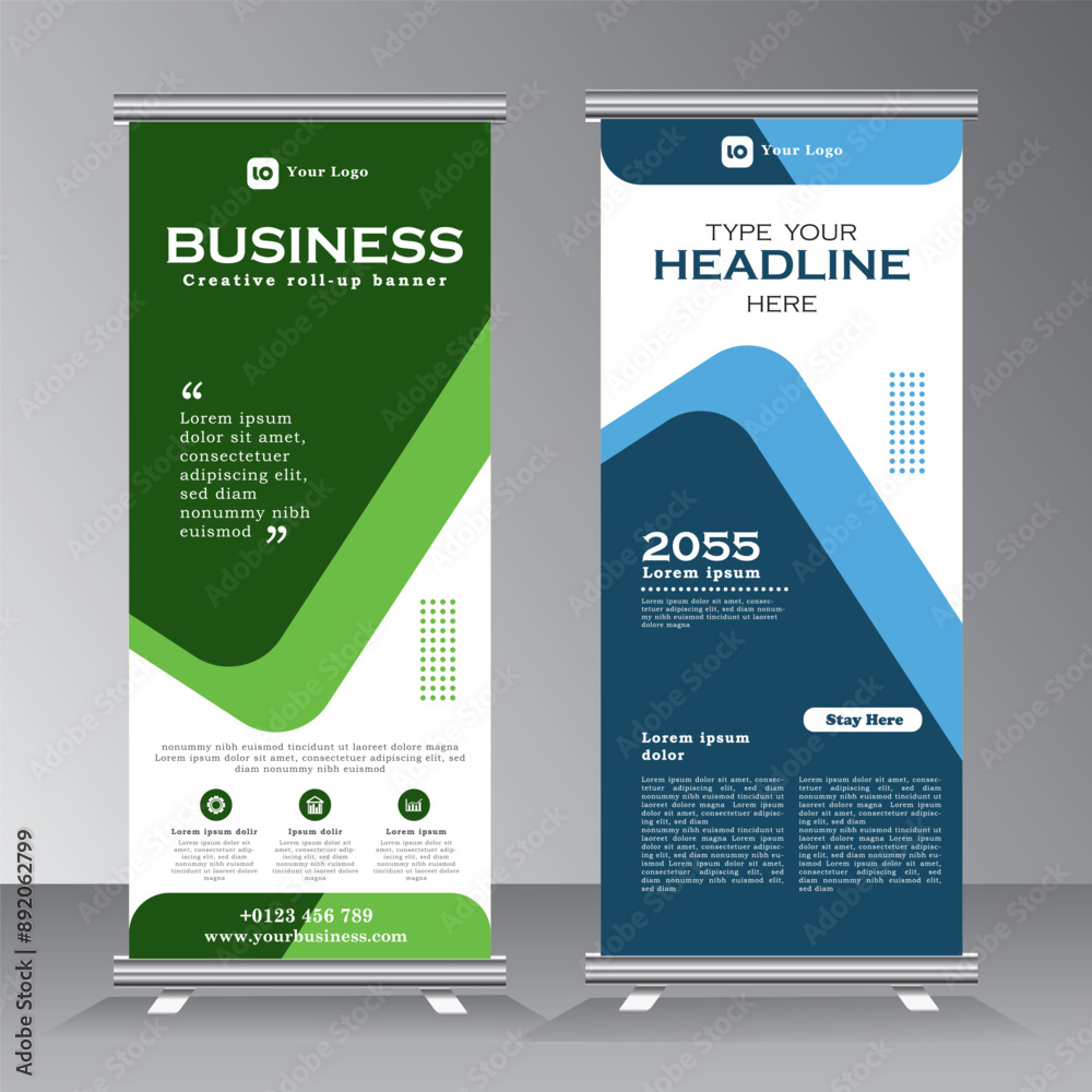 roll up banner template, green and blue vertical banner design ...