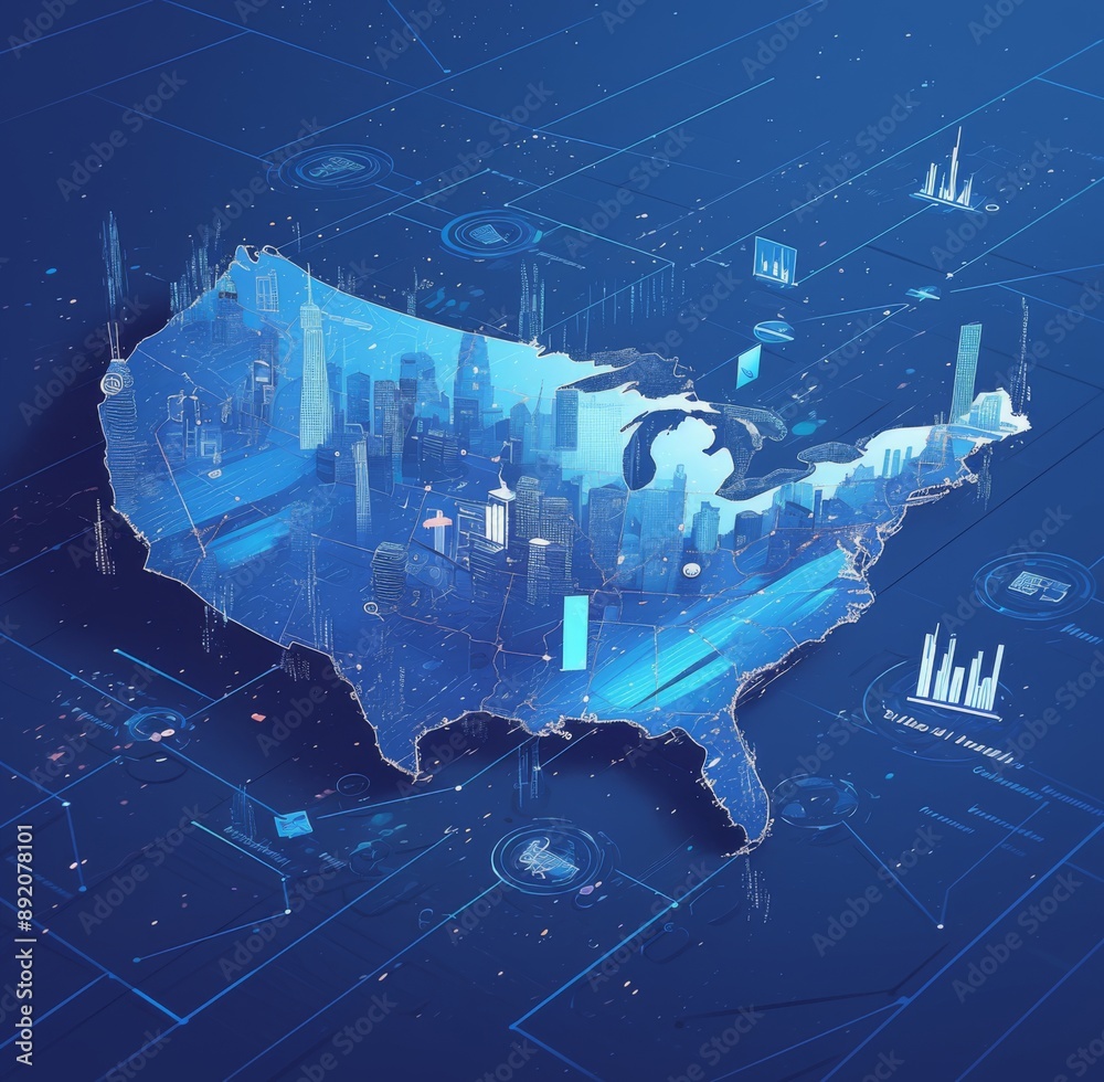 Blockchain Finance Integration: A Digital Map of the USA Highlighting ...