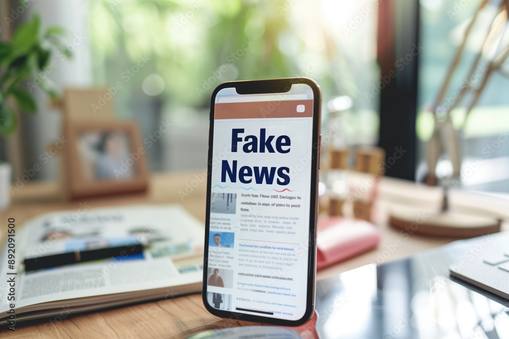 Smartphone displaying "Fake News" on screen in modern office with ...