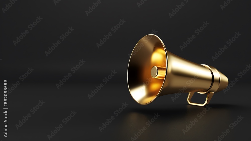Golden megaphone on a black background, a symbolic representation of ...