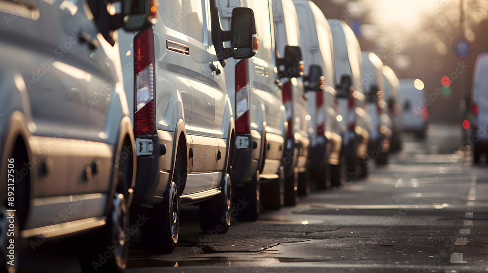 Row of white delivery vans parked along a street, ready for dispatch ...