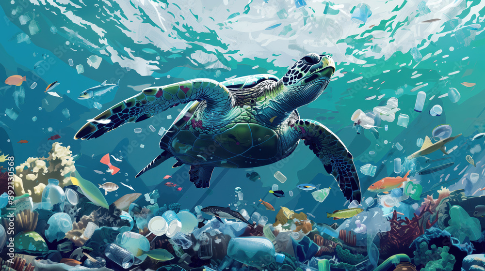 Sea Turtle Navigating Ocean Plastic Waste Illustration. sea turtle ...