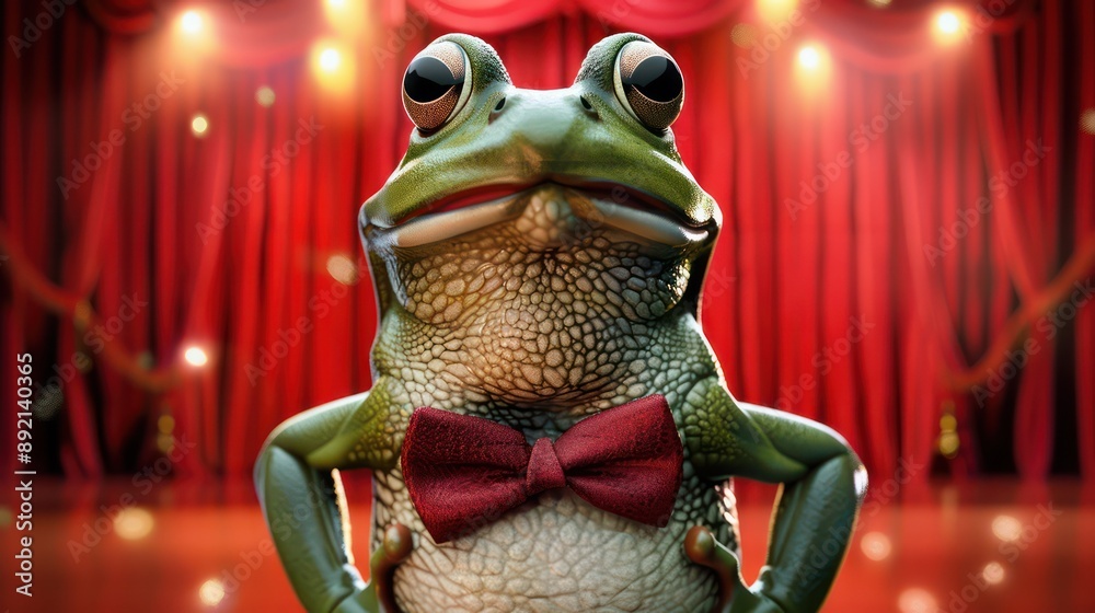 frog as an opera singer, with a bow tie against a theater red backdrop ...