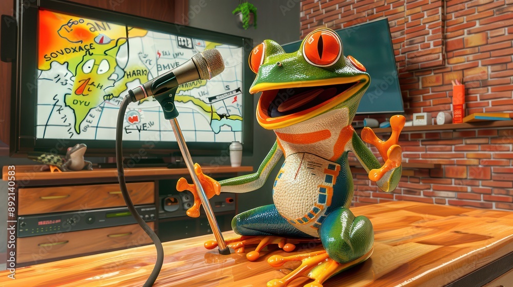 frog as a weather reporter, with a microphone and weather map, on a TV ...