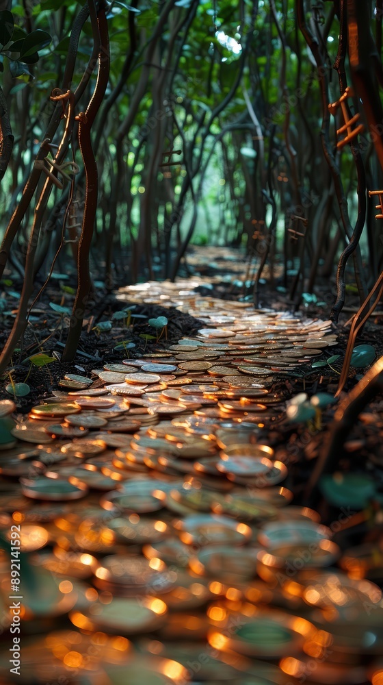 A surreal financial landscape where coins form the paths and tickers ...
