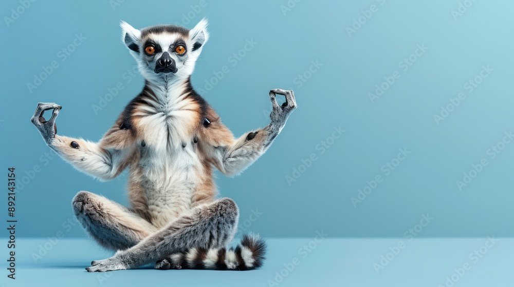 lemur as a yoga instructor, in a pose, on a peaceful blue backdrop ...