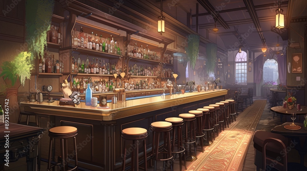 Cartoon speakeasy bar with secret entrance and 1920s decor, elegant ...