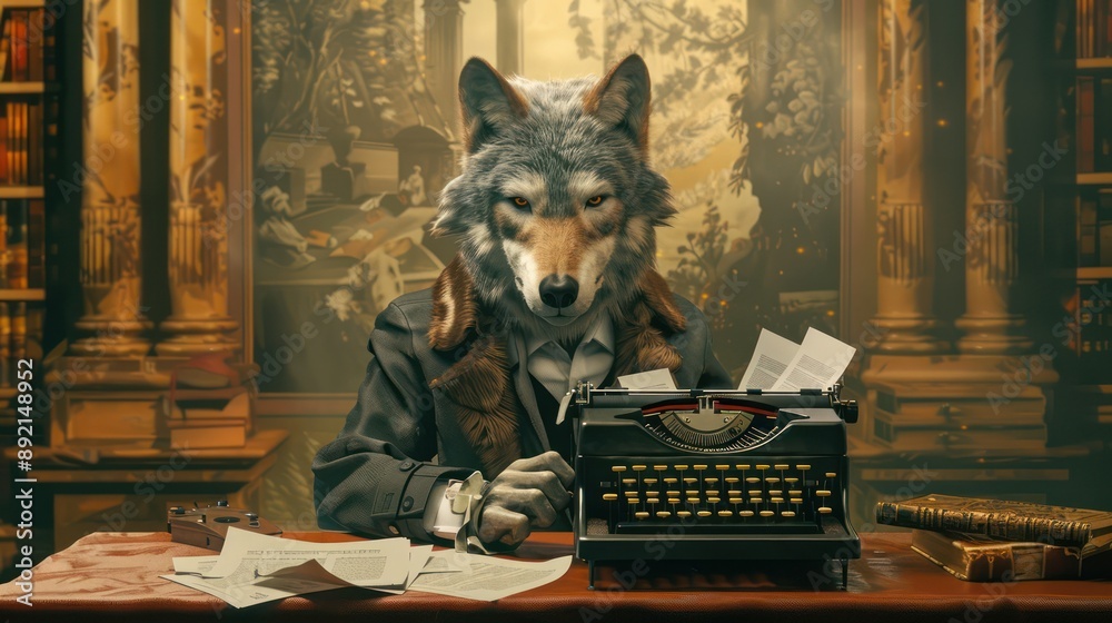 wolf as a mystery novelist, with a typewriter and papers, on an old ...