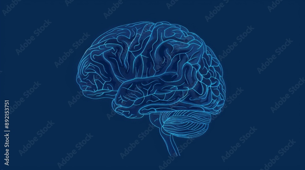 Design a detailed image of the human brain with a solid dark blue ...