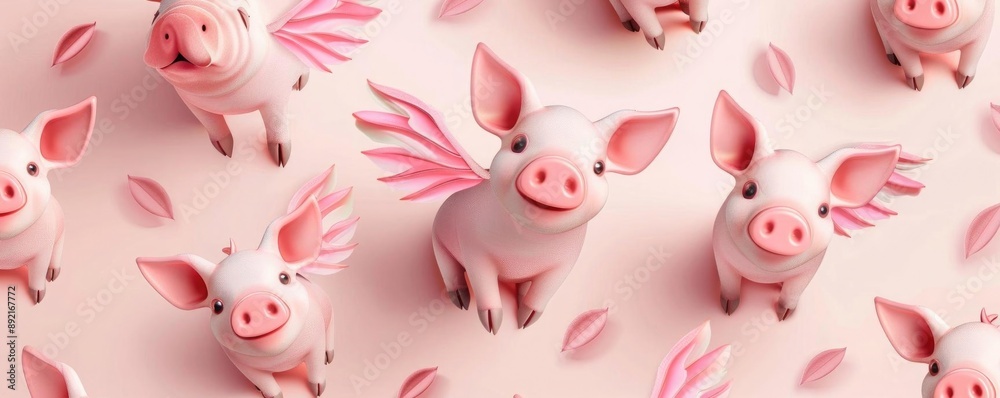ภาพประกอบสต็อก Cute and cuddly pink cartoon pigs with little wings in a ...