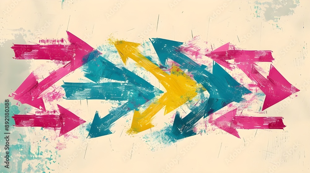 Dynamic arrow concept. vibrant pink, yellow, and blue color scheme with ...