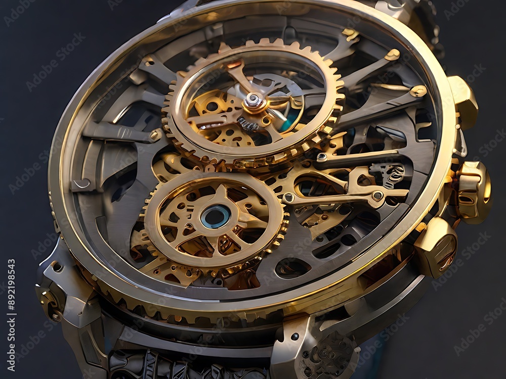 Design a 3D realistic skeleton watch, detailed with exposed gears and ...