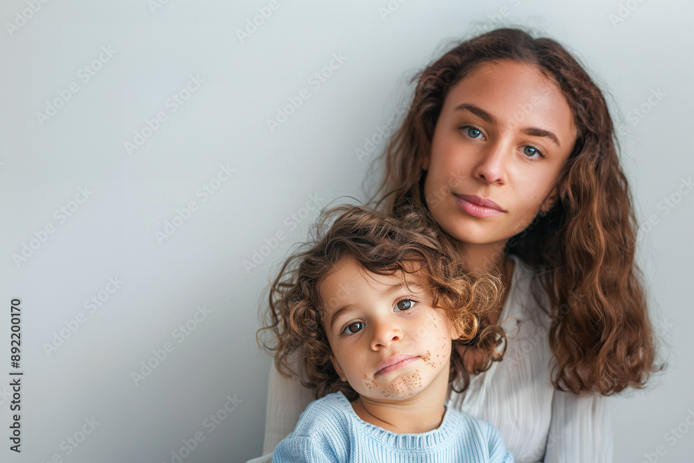 portrait of mom and baby with rash on cheek, portrait of a little girl ...