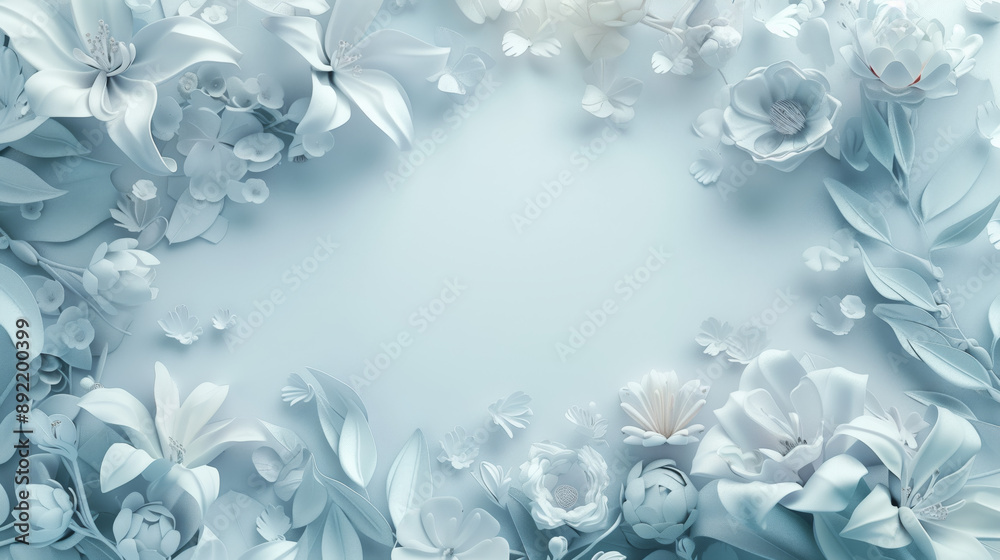 White and light blue paper flowers with leaves arranged on a light blue ...