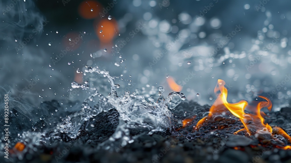 A close-up view of water dousing a fire, with the spray breaking into ...