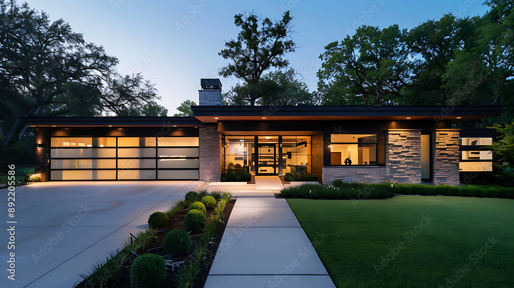 a modern, single-story house with a flat roof. The exterior features a ...
