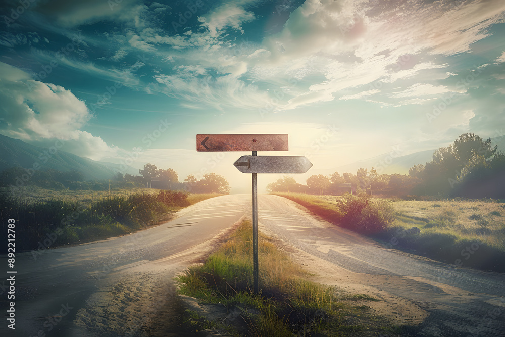 Surreal landscape with a split road and signpost arrows showing two ...