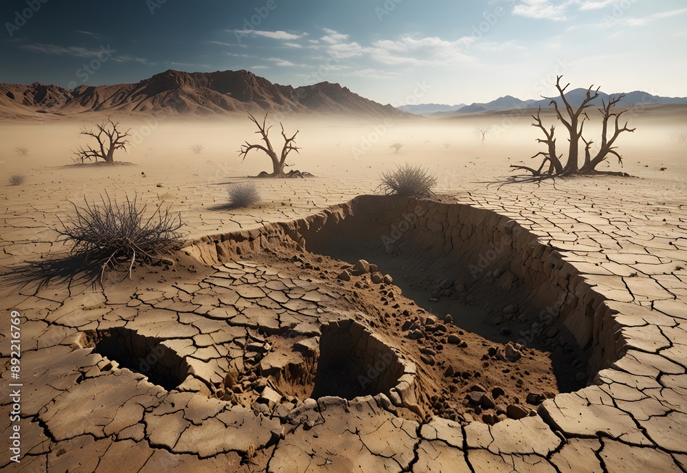 Illustration of a severe drought's impact a dry, cracked landscape with ...