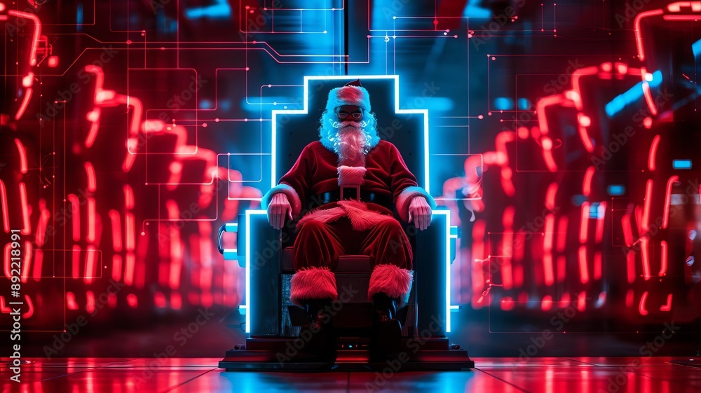 A robotic Santa Claus sitting on a neon-lit throne in a high-tech mall ...