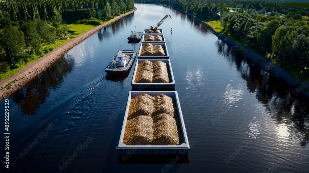 A panoramic view of a river dredging operation, with barges and cranes ...