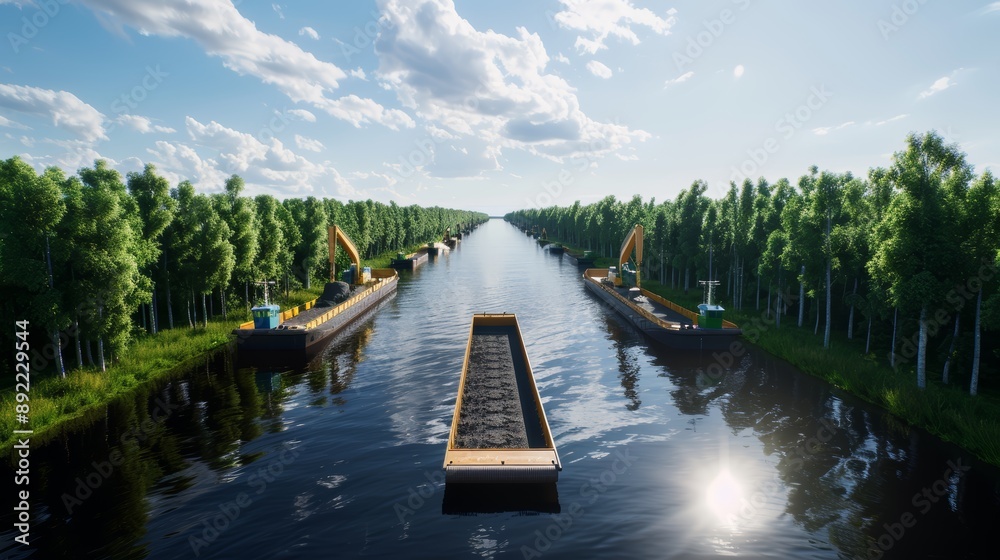 A panoramic view of a river dredging operation, with barges and cranes ...