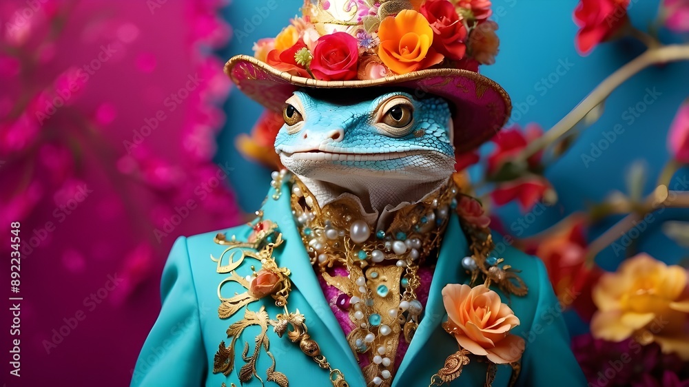 imaginative animal notion. Gecko lizard dressed in opulent couture ...