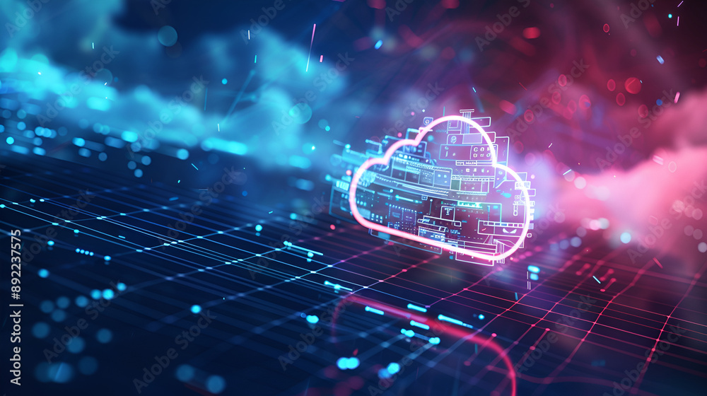 An abstract representation of cloud computing, with a holographic cloud symbol integrated into a ...