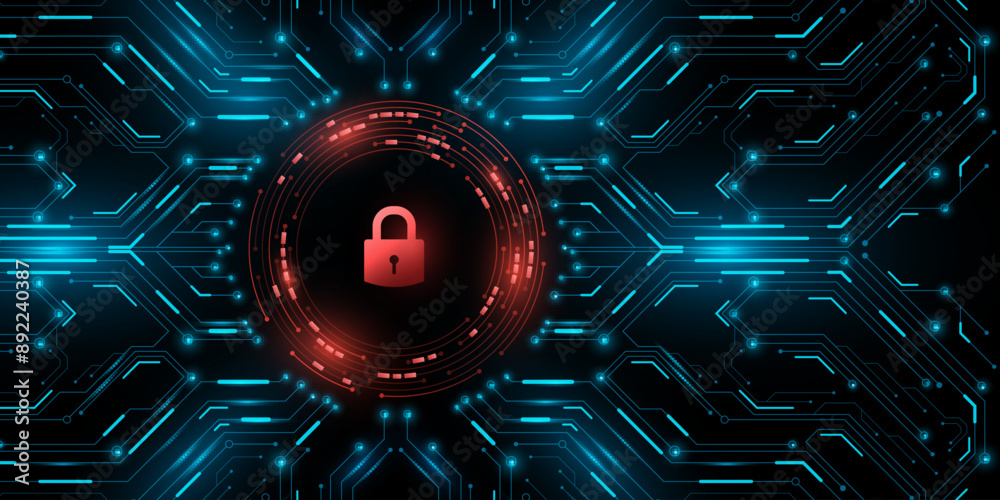 Cybersecurity touch panel with locked system. Hi-tech circuit board ...